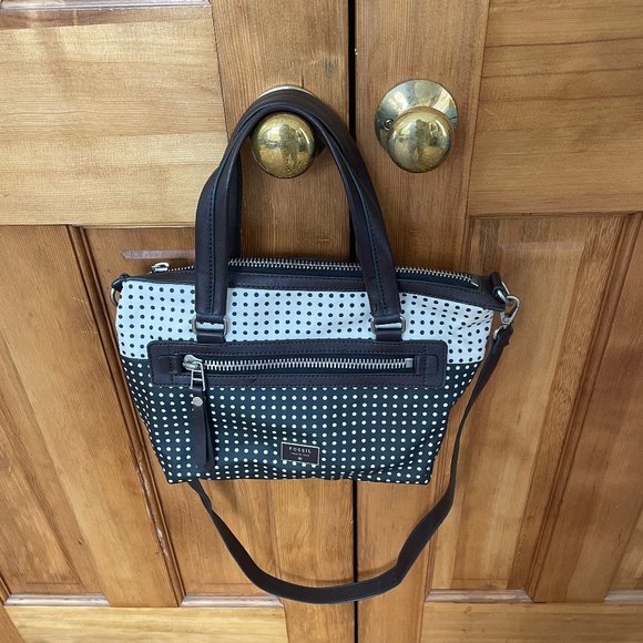 Fossil | Bags | Fossil Black White Polka Dot Convertible Satchel Tote ...